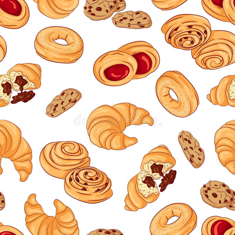 Seamless Pattern Various Pastries Stock Vector - Illustration of bakery ...
