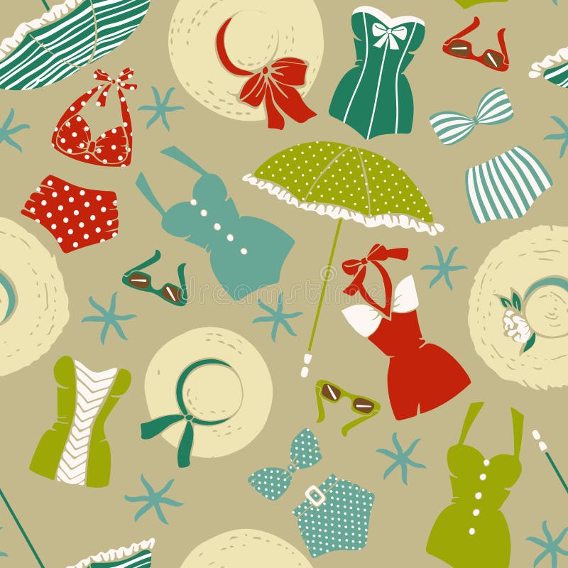 Vector Seamless Pattern with Vintage Summer Beach Acsessurise Stock ...