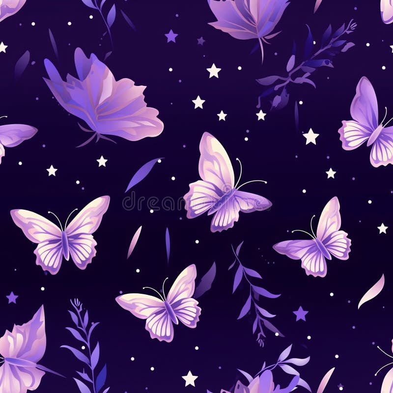 Vector Seamless Pattern with Violet Butterflies and Stars. Contemporary ...