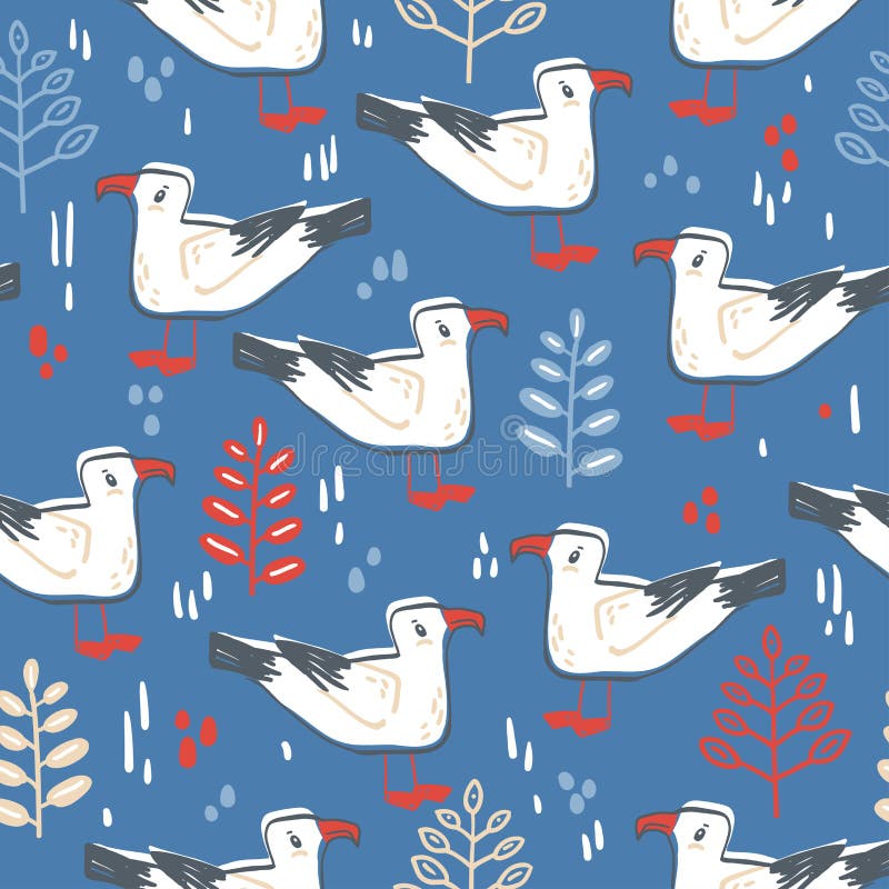 Vector Seamless Pattern with Walking Gull. Bird and Leaves, Natural ...