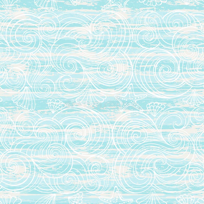 Vector Seamless Pattern with Waves and Shells on the Texture Background ...