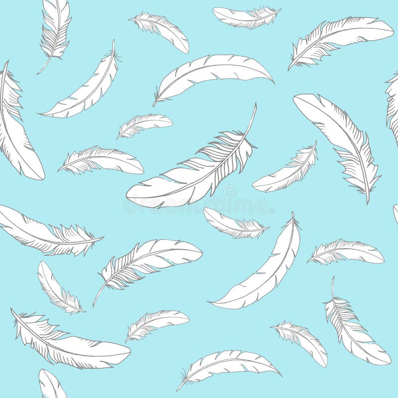 Vector Seamless Pattern with White Falling Feathers on a Blue Background in Cute Cartoon Style ...