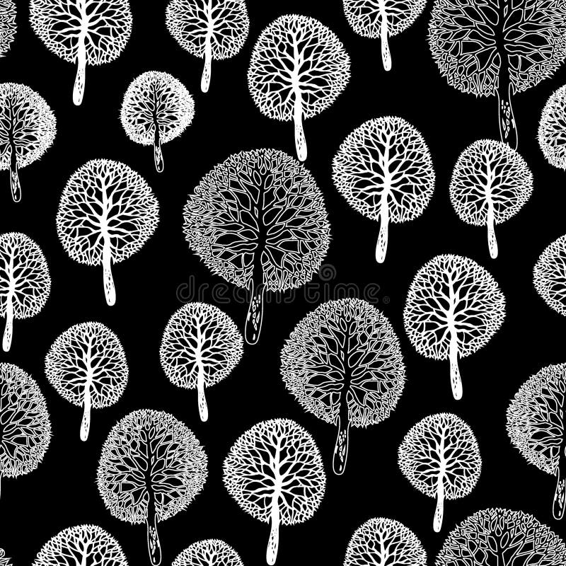 Vector Seamless Pattern with White Trees Silhouettes Isolated on Black ...