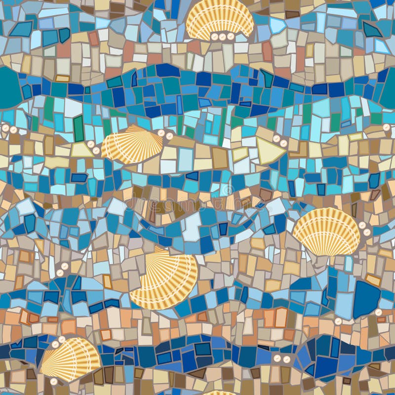 Vector Seamless Pattern Wih Shells and Mosaic in Vintage Style Stock ...