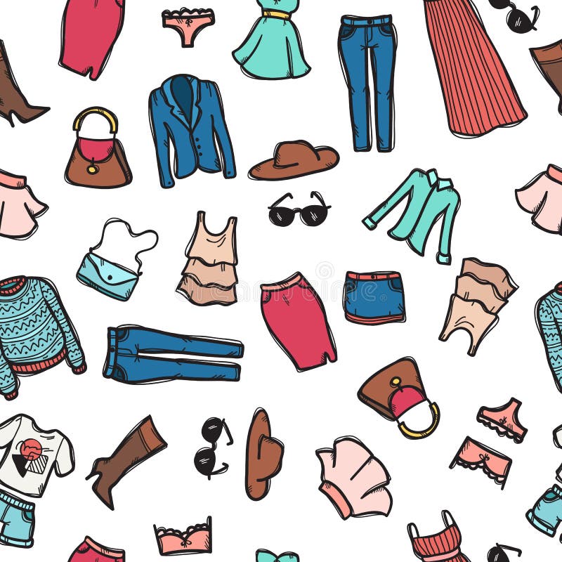 Vector Seamless Pattern with Woman Fashion Objects. Clothes and ...