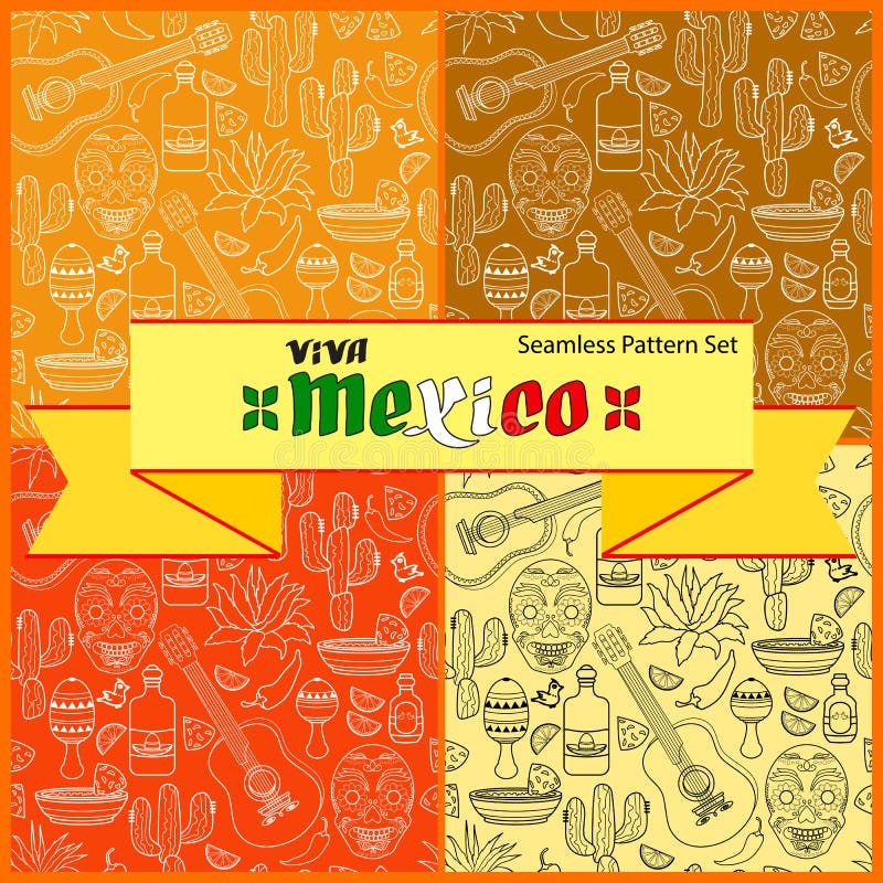 Vector Seamless Patterns Set. Handwritten Words Viva Mexico. Stock ...
