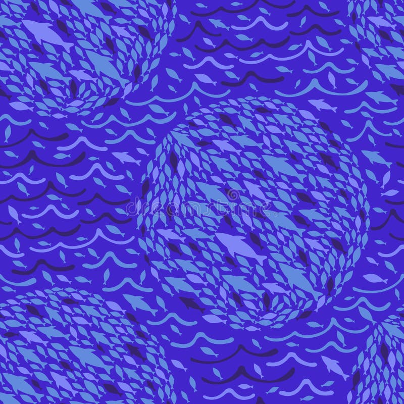 Vector Seamless Pttern with Small Blue Fishes and Waves on Blue ...