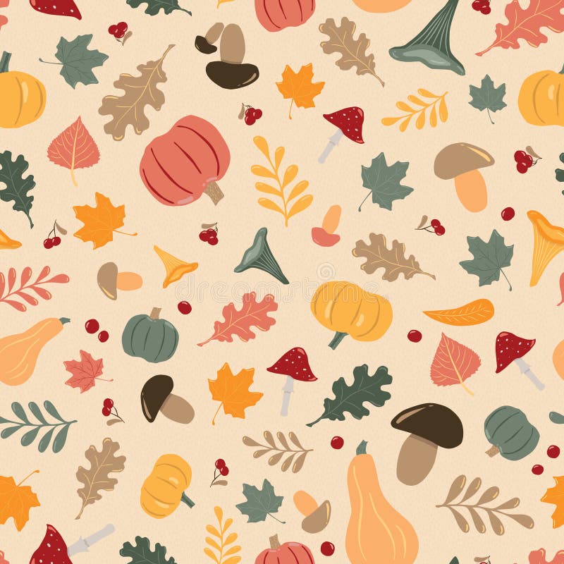Vector Seamless Repeat Pattern with Fall Leaves, Mushrooms, Pumpkins ...
