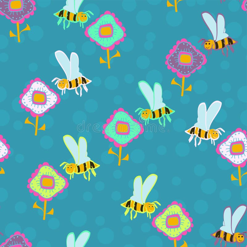 Cute Bumble Bee and Flower Repeat Pattern in Neon Multicolor Stock ...