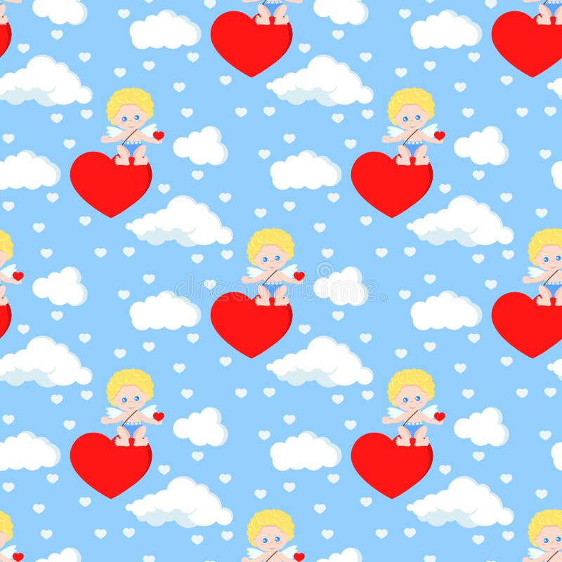 Vector Seamless Romantic Pattern with Cute Cupid Sitting on Heart Stock ...