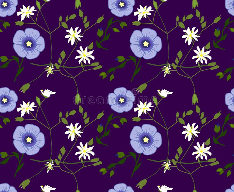 Summer Floral Pattern with Blue and White Flowers. Vector Illustration ...