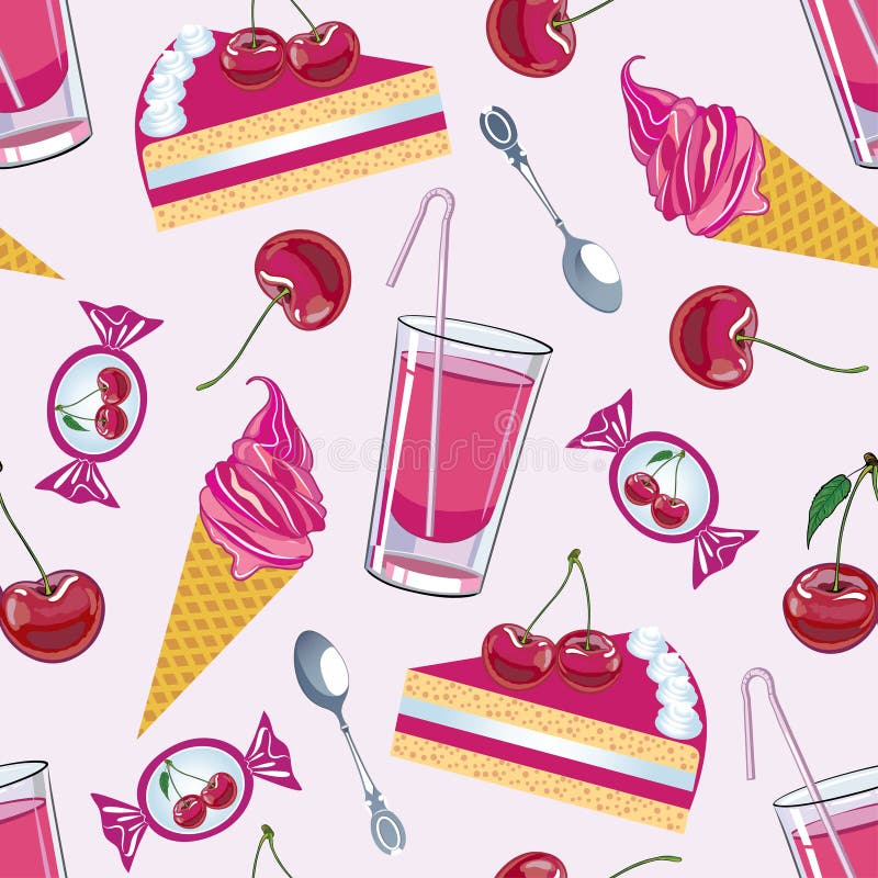 Seamless Texture with Cherry Cakes and Sweets Stock Illustration ...