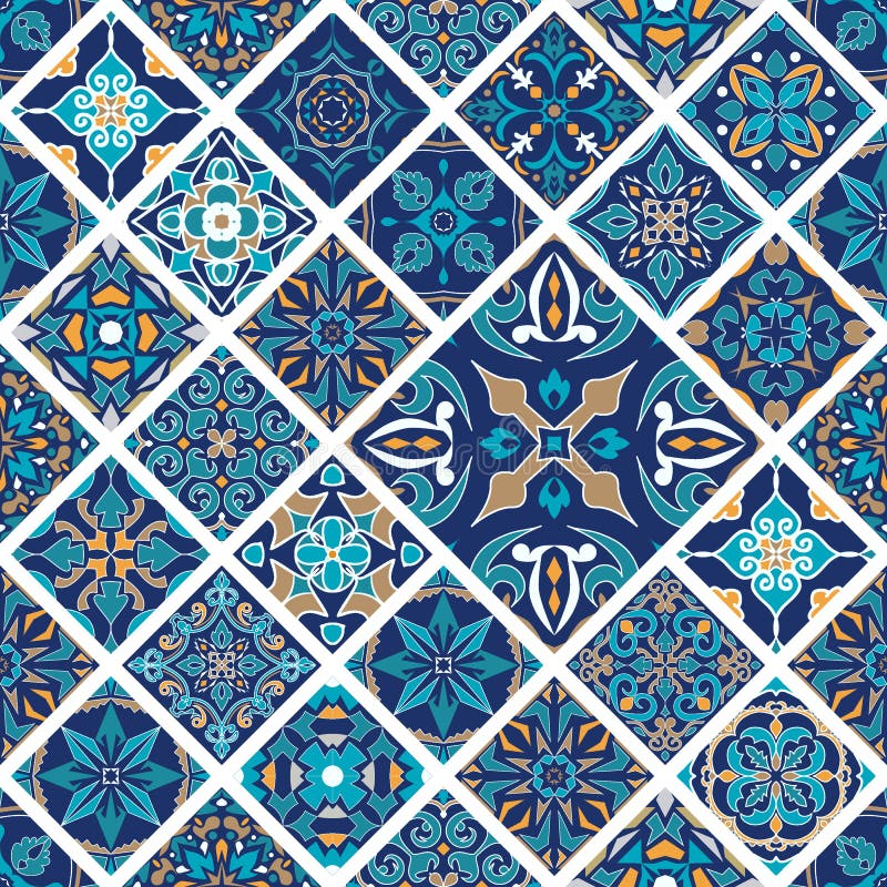 Vector Seamless Texture. Mosaic Patchwork Ornament with Rhombus Tiles. Portuguese Azulejos ...