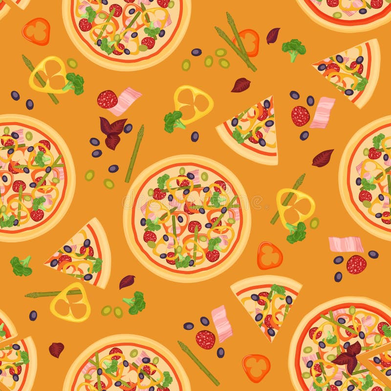 Vector Seamless Texture of Pizza Slices with Various Ingredients. Stock ...