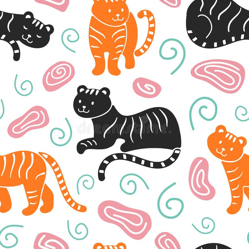 Vector Seamless Tiger Repetative Pattern Template with Flowers. Stock ...