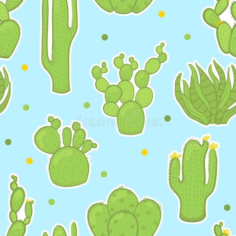 Vector Seamless Trendy Pattern with Different Cactuses. on a Blue Background Stock Illustration ...