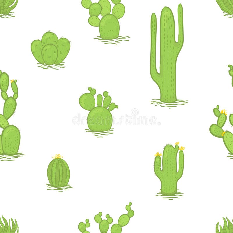 Vector Seamless Trendy Pattern with Different Cactuses. on a White Background Stock Illustration ...