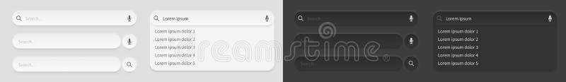 Vector Search Bar UI Kit in Light and Dark Neumorphic Style with Microphone and Magnifying Glass ...