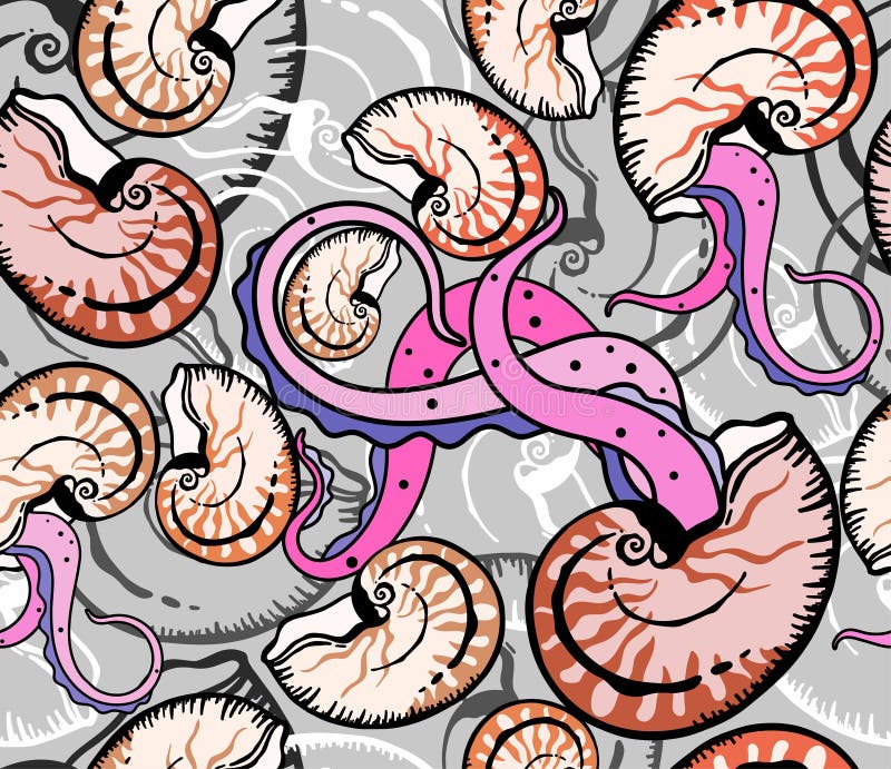 Vector Seashells Seamless Pattern. Bright Tentacles Crawl Out of the ...