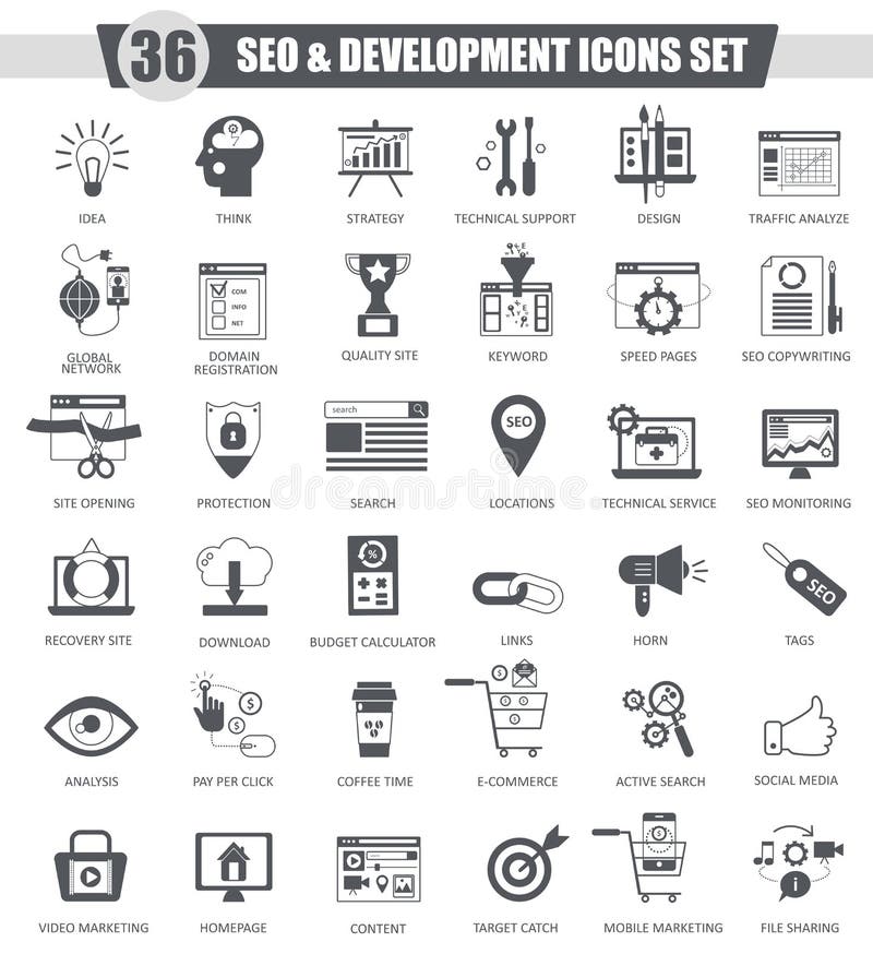 Vector SEO and Development Black Icon Set. Dark Grey Classic Icon ...