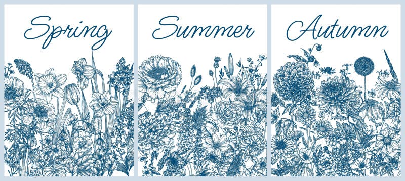 Vector Set of 3 Posters of Different Seasons. Spring Summer Autumn ...