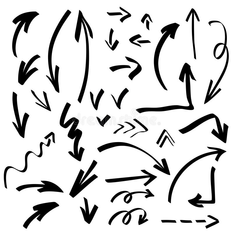 Vector Set of Abstract Curved Bold Arrows Hand Drawn Grunge Lines ...