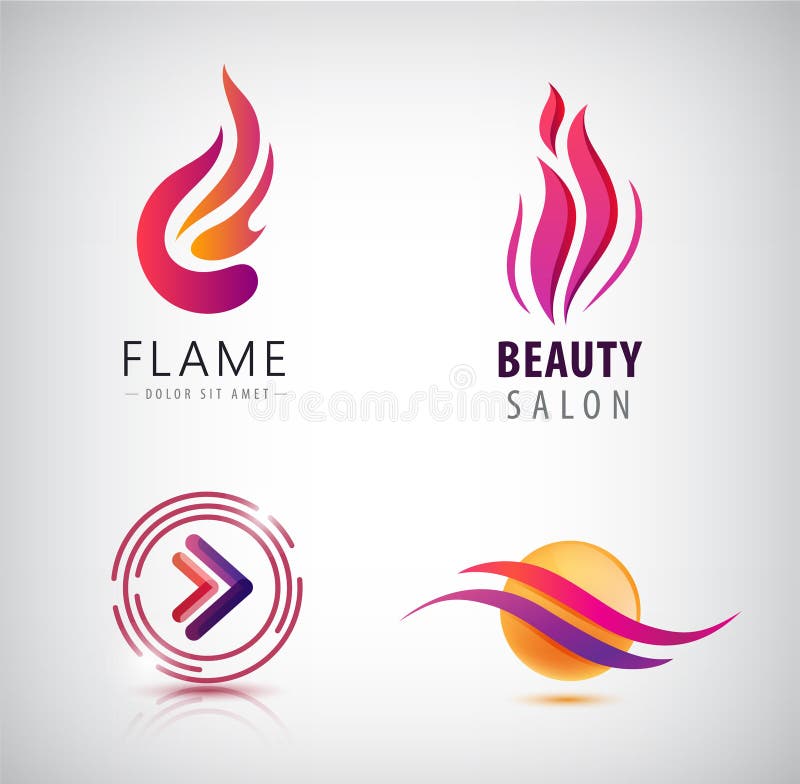 Vector Set of Abstract Wavy Logos, Arrow, Flame Icon, Sphere. Stock ...