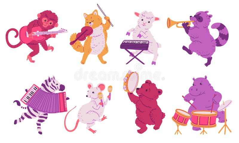 Vector Set with Animals Playing Musical Instruments Isolated on a White ...