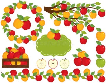 Vector Set with Apples, Wreath and Branch Stock Vector - Illustration ...