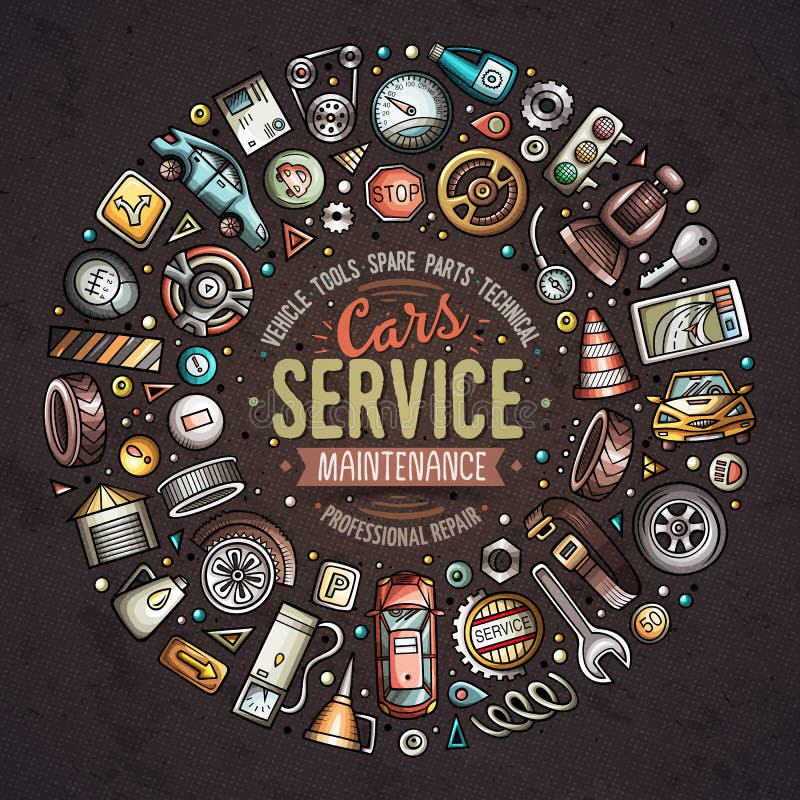 Vector Set of Automotive Cartoon Doodle Objects Stock Vector ...