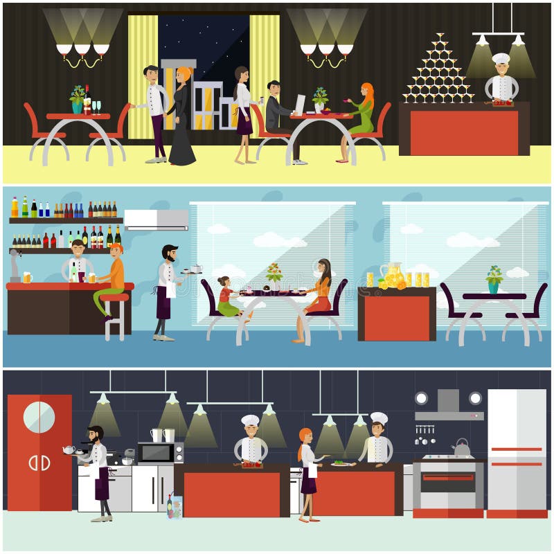 Vector Set of Banners with Restaurant Interiors. People Having Lunch in ...