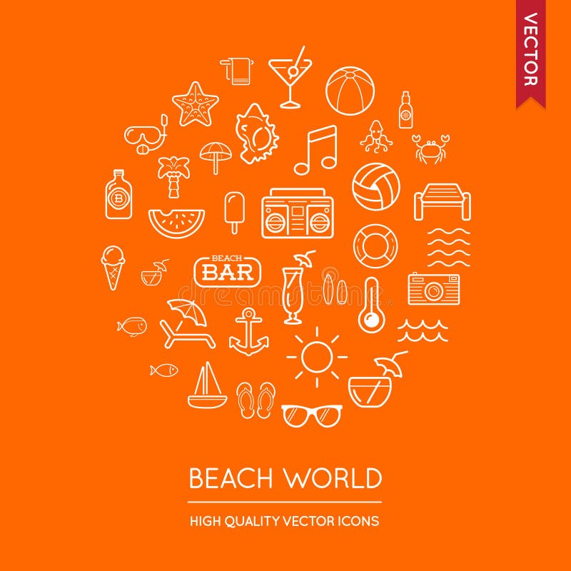 Vector Set of Beach Modern Flat Thin Icons Inscribed in Round Sh Stock ...