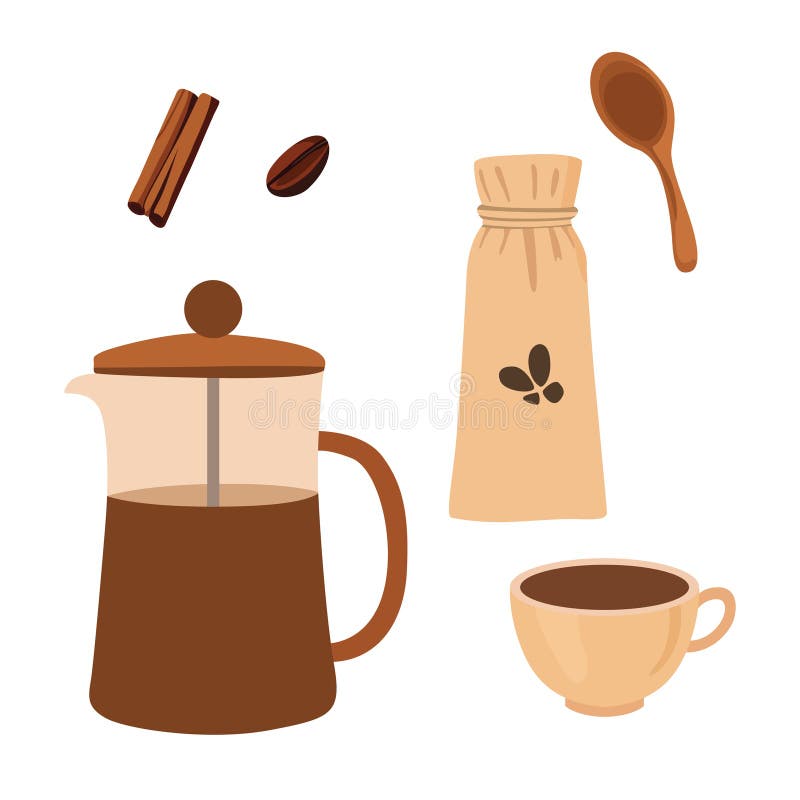 Beans Bag, Coffee Cup, and French Press Stock Vector - Illustration of ...