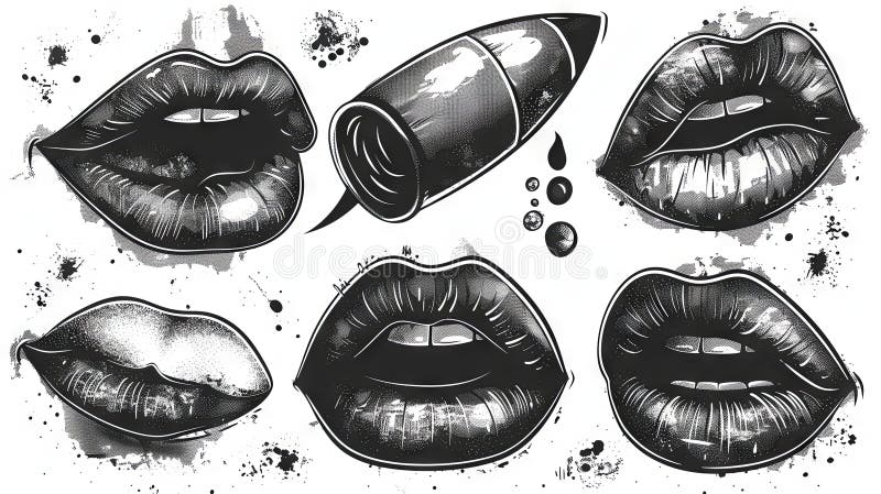 Vector Set of Beautiful Black Lips with Ink Splashes. Hand Drawn ...