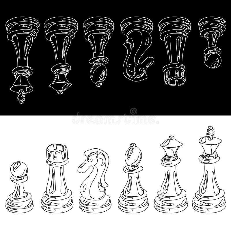 Vector Set of Black and White Chess Pieces in Contour Style. on a Black ...