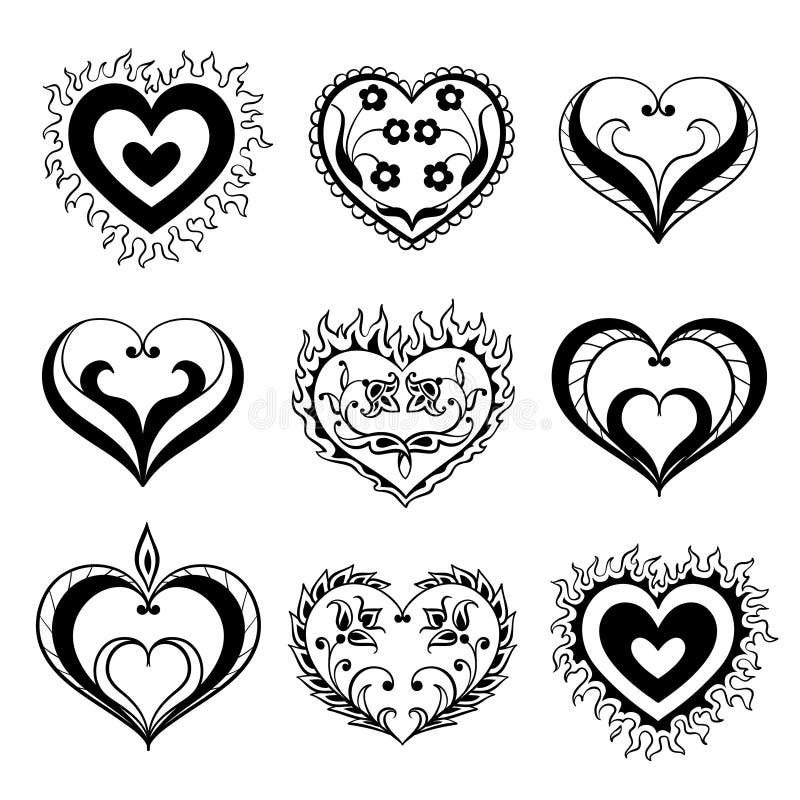 Vector Set of Black and White Decorative Hearts. Creative Hand Drawn ...