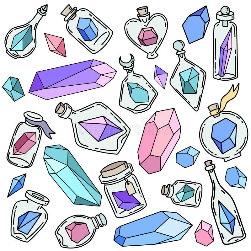 Vector Set of Bottles with Crystals. Witch Bottles with Colored ...