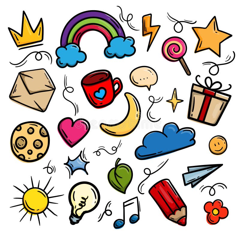 Vector Set of Bright Cute Doodle Elements Hand Draw: Rainbow, Heart ...