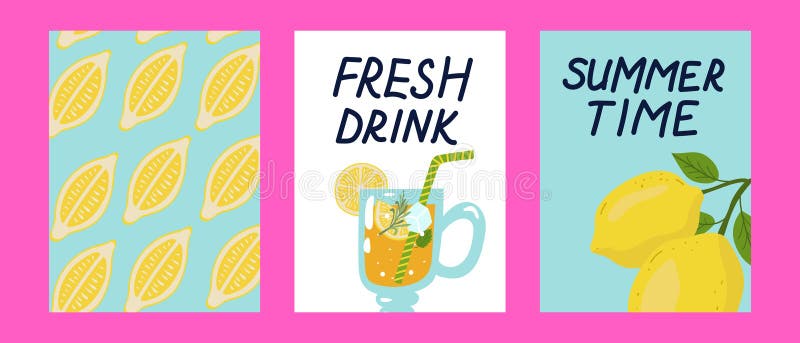 Vector Set of Bright Summer Posters. Posters with Lemon, Lemon Slice ...