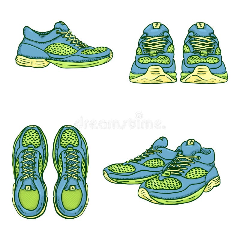 Vector Set of Cartoon Blue and Green Color Running Shoes Stock Vector ...