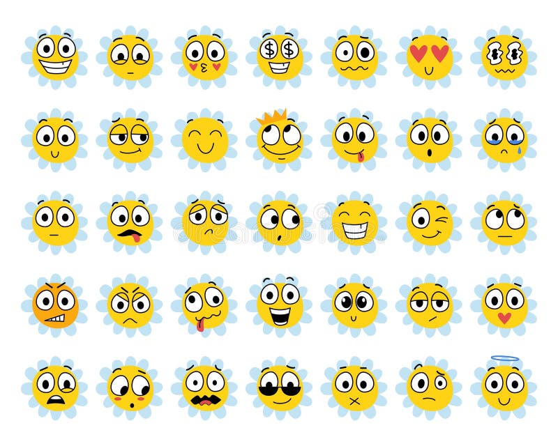Vector Set of Cartoon Daisies with Different Emotions. Comic Doodle ...