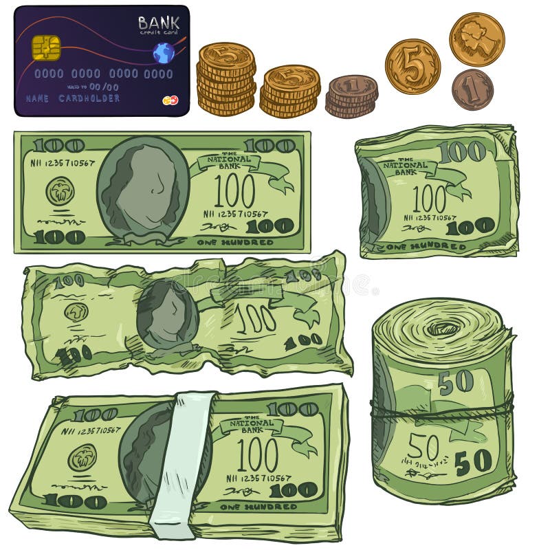 Vector Set of Cartoon Money: Banknotes, Coins, Card. Stock Vector ...
