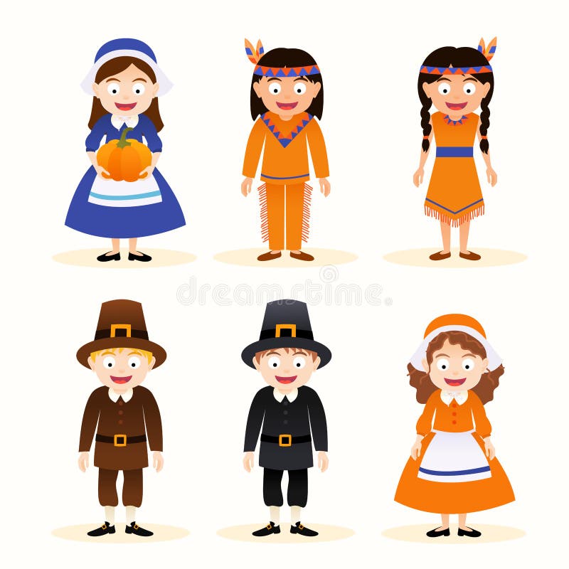 Vector Set of Cartoon Thanksgiving Character, Indian and Pilgrim Stock ...