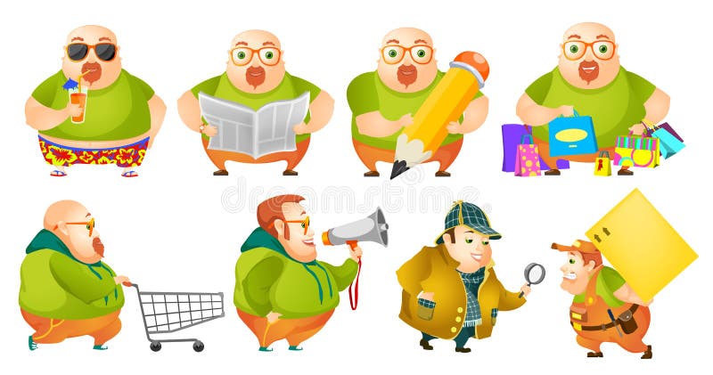 Vector Set of Cheerful Fat Man Illustrations. Stock Vector ...