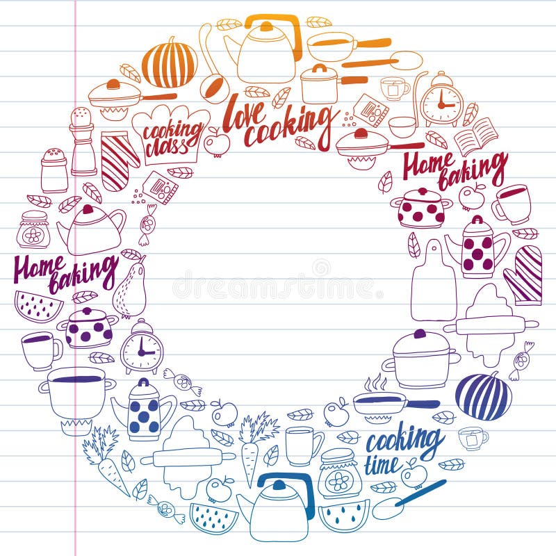 Vector Set of Children`s Kitchen and Cooking Drawings Icons in Doodle ...