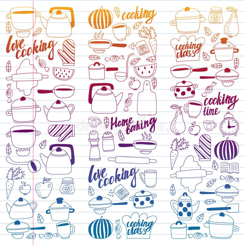 Vector Set of Children`s Kitchen and Cooking Drawings Icons in Doodle ...