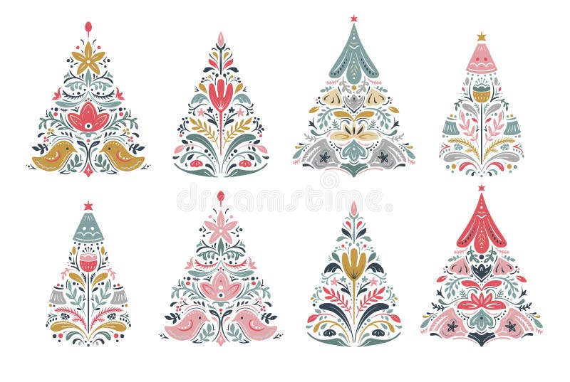 Vector Set of Christmas Trees with Folk Scandinavian Ornaments Stock ...