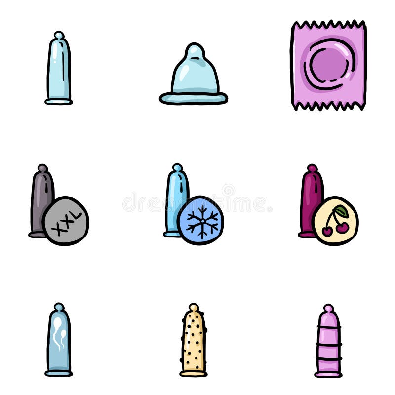 Vector Set Of Color Doodle Condom Icons Stock Vector Illustration Of