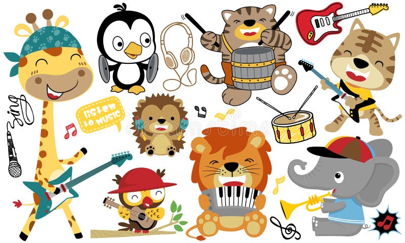 Vector Set of Cute Animals Cartoon Playing Music Instruments Stock ...