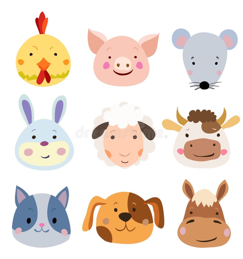 Vector Set of Cute Farm Animals and Pets Faces Stock Vector ...